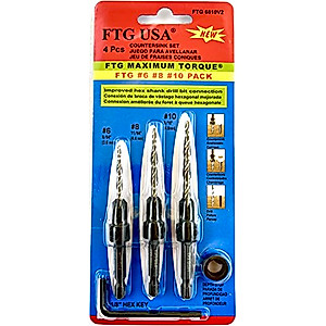 FTG USA Wood Countersink Drill Bit Set 3 Pc Countersink Drill Bit #6#8#10 Tapered Drill Bits with Improved Countersink Connection Drill Bit to Hex Shank Without Pin, 1 Stop Collar, 1 Allen Wrench