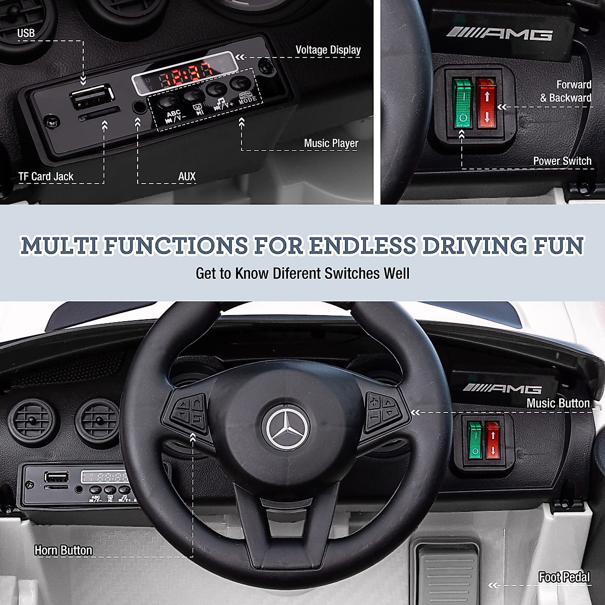 JOINATRE 12V Kids Ride on Car, Licensed Mercedes Benz AMG GTR Electric Cars, Battery Powered Ride on Toys with Remote Control, 3 Speeds, Music, LED Lights and Safety Belt, White