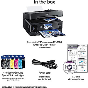 Epson Expression Premium XP-7100 All-in-One Color Inkjet Printer, Black - Print Scan Copy - 15 ppm, 5760 x 1440 dpi, Auto 2-Sided Printing, 30-Page ADF, Card Slot, Printable CD/DVD