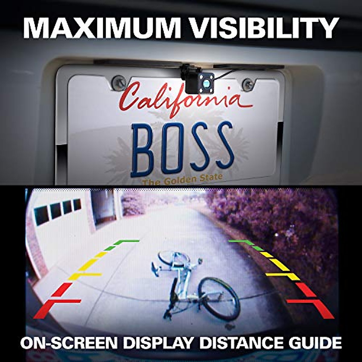 BOSS Audio Systems LPCB40 Rearview Car Backup Camera - License Plate Mount, High Resolution, Color, 170° Wide Angle View, Weatherproof, Wide Angle View, Low Light Friendly, Distance Guide View