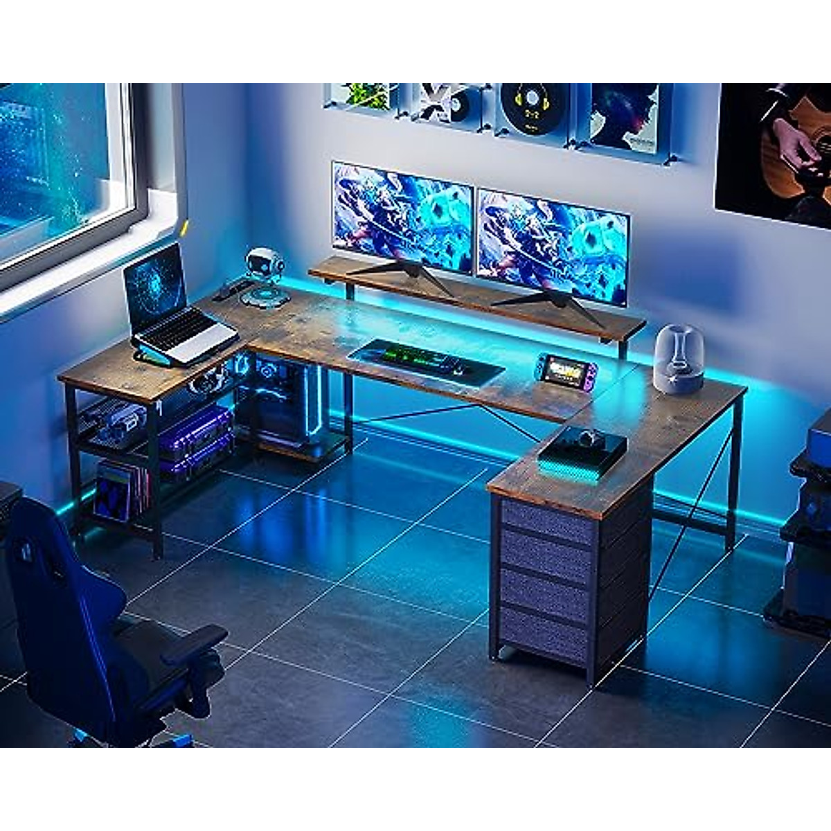 ODK U Shaped Desk with Power Outlets & LED Strip & Monitor Stand, 66" Reversible L Shaped Desk with Drawers and Storage Shelf, Home Office Gaming Desk, Vintage