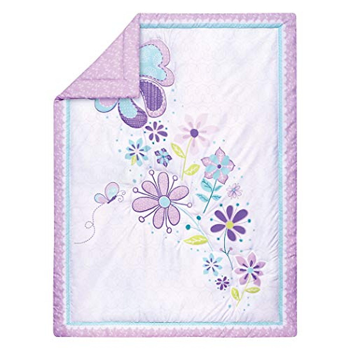 Sammy & Lou Butterfly Meadow 4-Piece Baby Nursery Crib Bedding Set for Girls, Includes Quilt, Fitted Crib Sheet, Crib Skirt, and Plush Toy