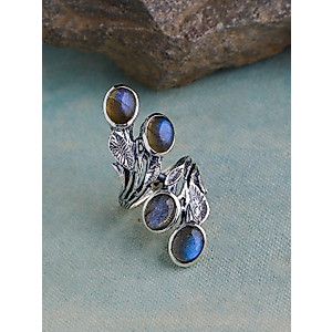 YoTreasure Natural Labradorite Solid 925 Sterling Silver Innovative Leaf Vine Design Ring