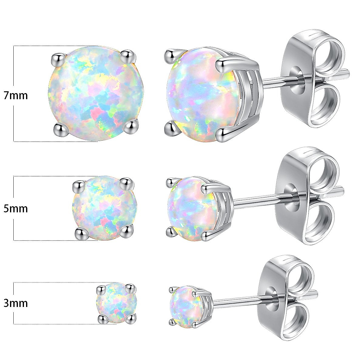 GEMSME 18K White Gold Plated 3/5/7mm Round Opal Stud Earrings Pack of 3