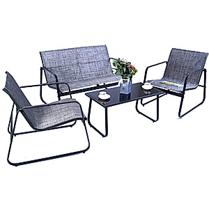 Kozyard Sofia 4 Pieces Outdoor Patio Furniture Conversation Set with Strong Powder Coated Metal Frame, One Love Seat, Two Single Chairs and One Table for Front Porch Balcony Backyad (Gray)