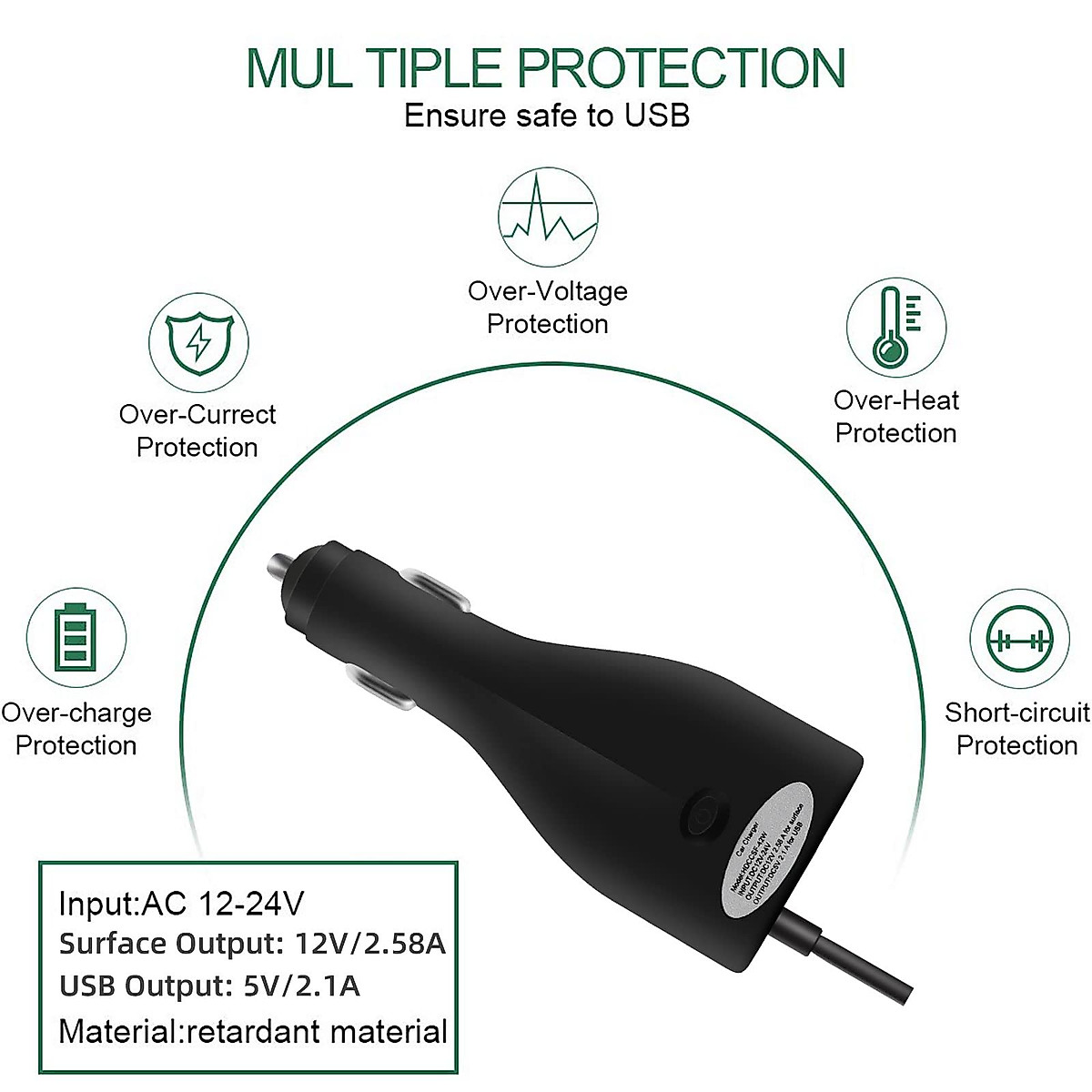 Sisyphy Surface Car Charger with USB Charging Port, Total 42W 12V 2.58A Power Supply, Compatible for Microsoft Surface Pro7 + Plus Pro6 Pro5~3 Surface Go 1/2 Laptop 1/2/3 Surface Book