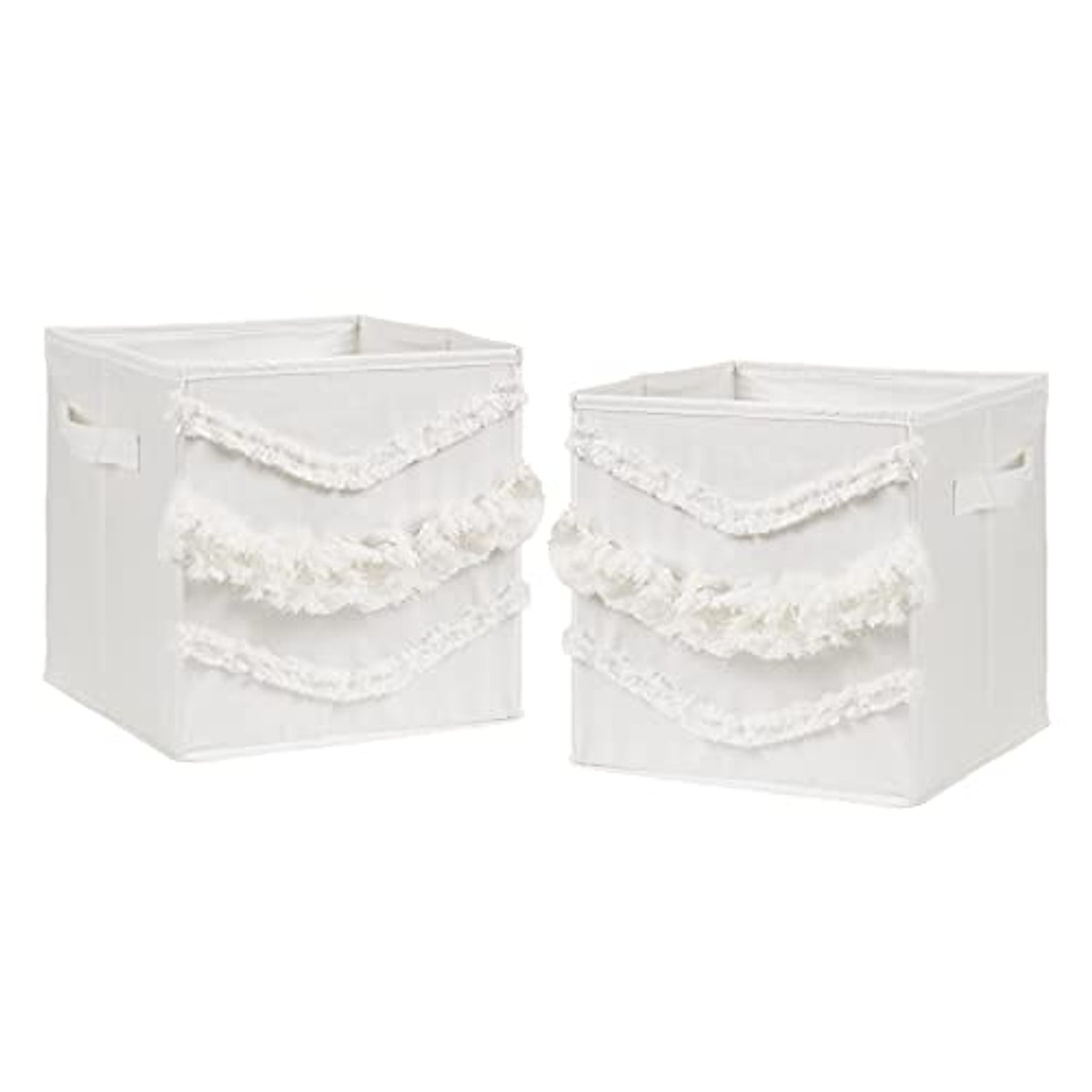 Sweet Jojo Designs Ivory Boho Bohemian Foldable Fabric Storage Cube Bins Boxes Organizer Toys Kids Baby Childrens - Set of 2 - Neutral Off White Farmhouse Chic Unisex Minimalist Fringe Macrame