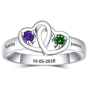 Personalized Birthstone Rings with 2 Name for Couples 925 Sterling Silver Mothers Ring 2 Birthstones Custom Heart Name Ring for Couple Women Sisters Engraved Name Rings for Birthday Wedding