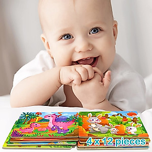 IHOMEINF Toddler Wooden Puzzles for Kids Ages 3-8, Montessori Toys for 3 4 5 6 7 8 Year Old, 4 Pack Dinosaur Jigsaw Puzzles Set Preschool Learning Toys Boys Girls Gifts (Dinosaur Puzzles 12 Pcs)