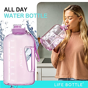 Life Bottle 1 Gallon Water Bottle with Straw Lid and Chug Lid, Leakproof Water Jug. Big Water Bottle with Time Marker, No Quotes. 128 oz with Handle and Straw, BPA Free