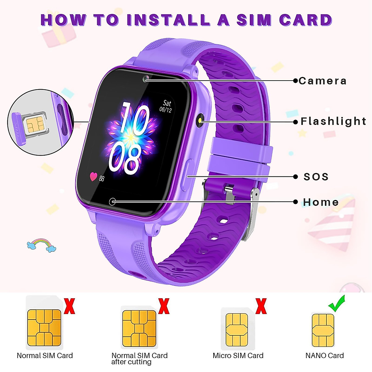 cjc 4G Kids Smart Watch with GPS Tracker and Calling, 2 Way Call SOS Kids Cell Phone Watch, Touch Screen Watch,3-15 Years Boys Girls Birthday (t10 Purple)