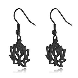 Lotus Flower Stainless Steel Dangle Earrings (Black)