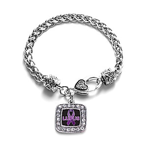 Inspired Silver - Lupus Braided Bracelet for Women - Silver Square Charm Bracelet with Cubic Zirconia Jewelry