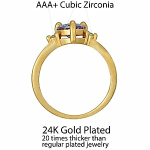 LIFETIME JEWELRY 3-Stone Cubic Zirconia Heart Ring for Women 24k Real Gold Plated (Purple, 7)