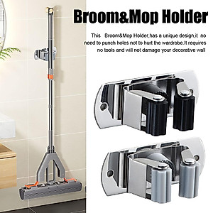 Mop Broom Holder Wall Mounted,5pcs Mop Broom Organizer Wall Mounted No Drill with Glue,Steel Mop Hanger for Wall Mounted,Garden Tool Organizer Rack Rake for Bathroom, Kitchen (Black)