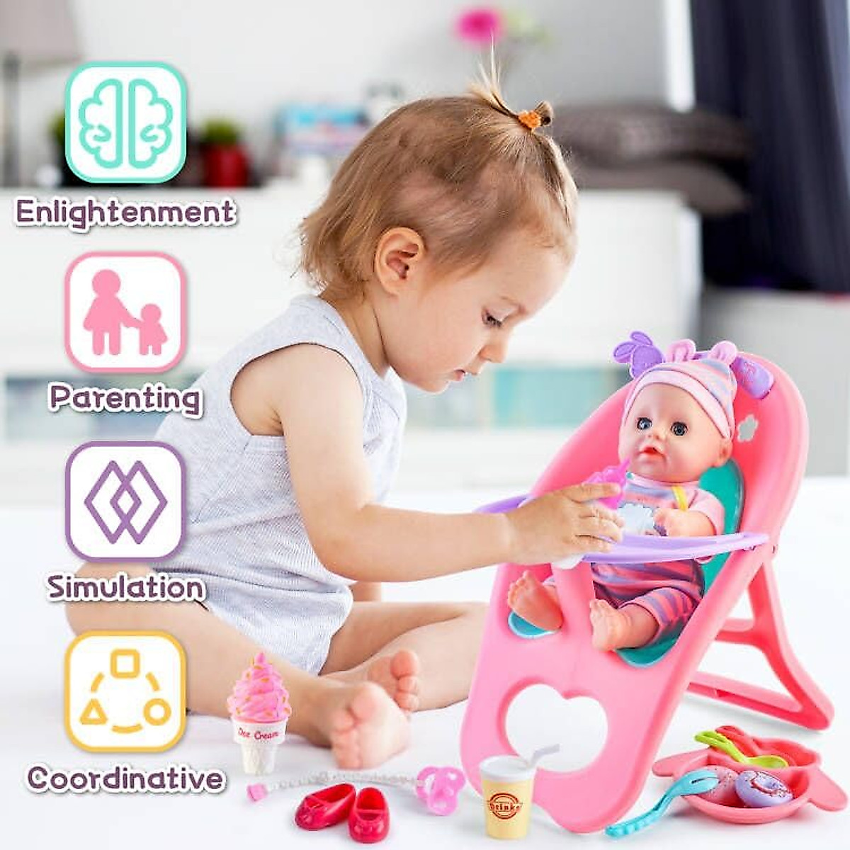 deAO Baby Doll Set with Crib Bed High Chair Stroller Baby Doll Accessories 20 Pieces Play Set Birthday for Girls Boys Kids