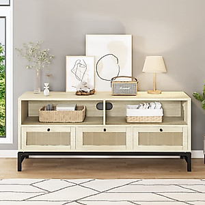 Lamerge 47.2" Rattan TV Cabinet/TV Stand/TV Table with 3 Drawers,Media Console,Boho Farmhouse Entertainment Center,Storage Cabinet for Living Room or Media Room,Natural Oak