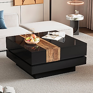 Bellemave Square Coffee Table High Gloss Center Table with Sliding Tabletop, Multi-Storage Sofa Table Extendable Cocktail Table with Hidden Storage Compartment for Living Room (Black)
