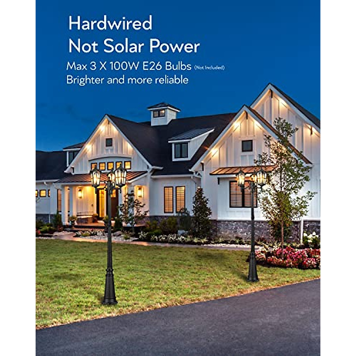 VIANIS 3-Head Outdoor Lamp Post Light Fixture, Black Outdoor Light Dusk Dawn Sensor for Lamp Post, Waterproof Anti-Rust Aluminum Housing with Tempered Glass, Street Light for Garden, Patio, Driveway