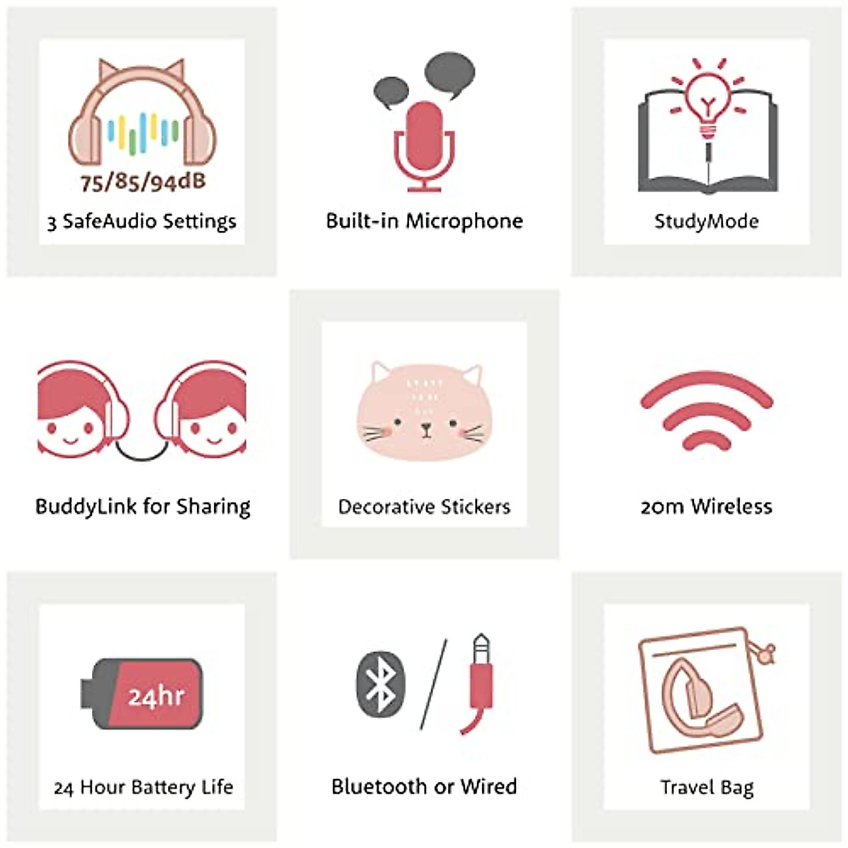 ONANOFF BuddyPhones PlayEars+, On-Ear Bluetooth Kids Headphones with Cat Ears, Volume-Limiting with Microphone, Works Wired or Wireless, 24-Hours Battery Life, for iPhone, iPad, Tablet and More