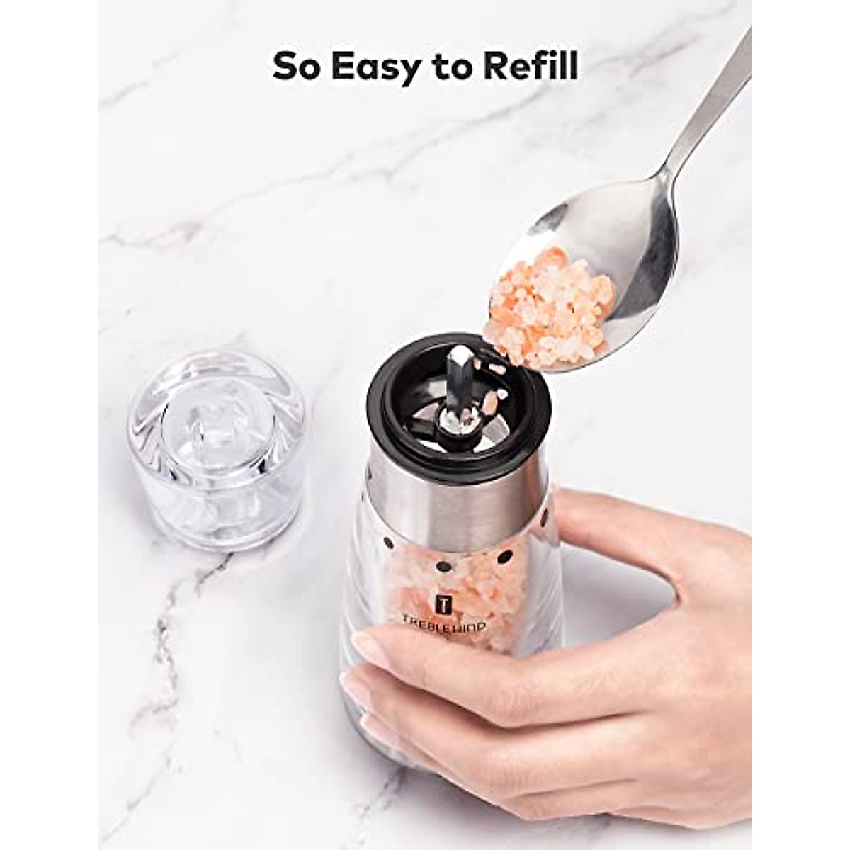 Pepper Grinder or Salt Mill Set Grind Smoothly-Adjustable Coarseness Refillable Pepper Mill Grinder Easy To Clean TREBLEWIND