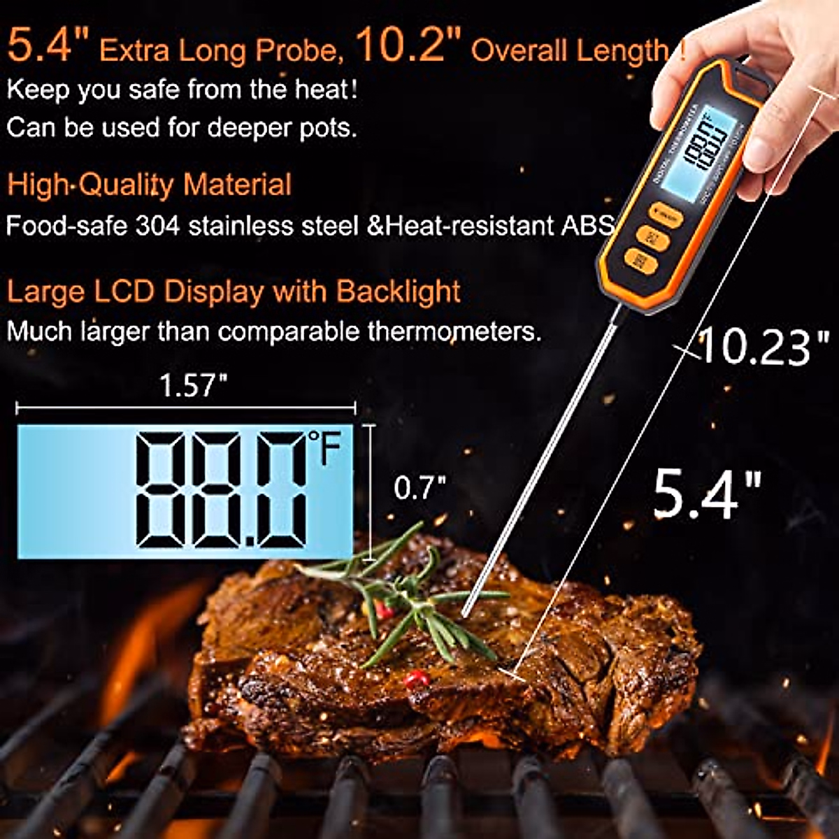 BOMATA Waterproof IPX7 Thermometer with 5.4" Super Long Probe. Instant Read Thermometer for Food, Liquid, Candle, Cooking and BBQ ! with Backlight, Calibration, Auto Recording Function. T201A
