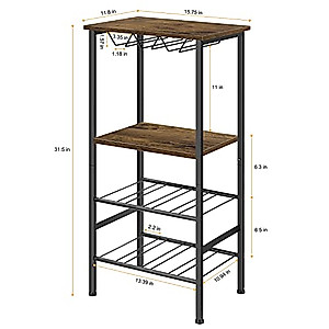 Vrisa Wine Rack Freestanding Floor 8 Bottles Wine Rack with 9 Glass Holder Metal Wine Storage with Wood Table Top for Home Kitchen Dining Room Cellar Rustic Brown