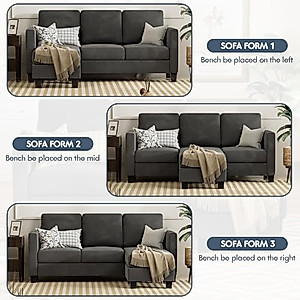 Acurax Convertible Sectional Sofa Couch, L-Shaped 3 Seat with Linen Fabric and Movable Ottoman, for Small Apartments, Living Room and Office, Dark Gray
