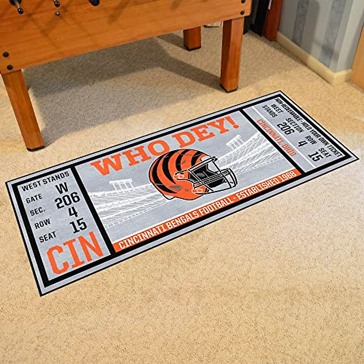 FANMATS 23116 Cincinnati Bengals Ticket Design Runner Rug - 30in. x 72in. | Sports Fan Area Rug, Home Decor Rug and Tailgating Mat