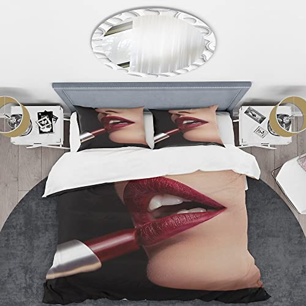 DESIGN ART Designart 'Applying Red Lipstick On Lips' Modern Duvet Cover Comforter Set Twin Cover + Comforter + 1 Sham 3 Piece