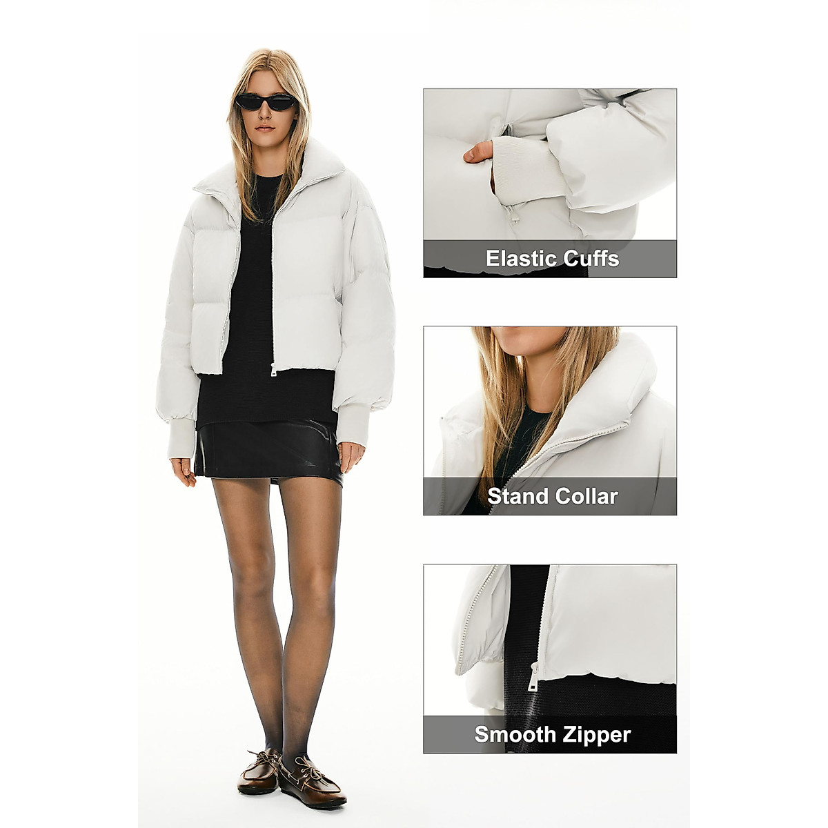 Orolay Women's Winter Oversized Cropped Puffer Jacket Zip Up Short Down Coat Stand Collar Baggy Overcoat Off-white Large