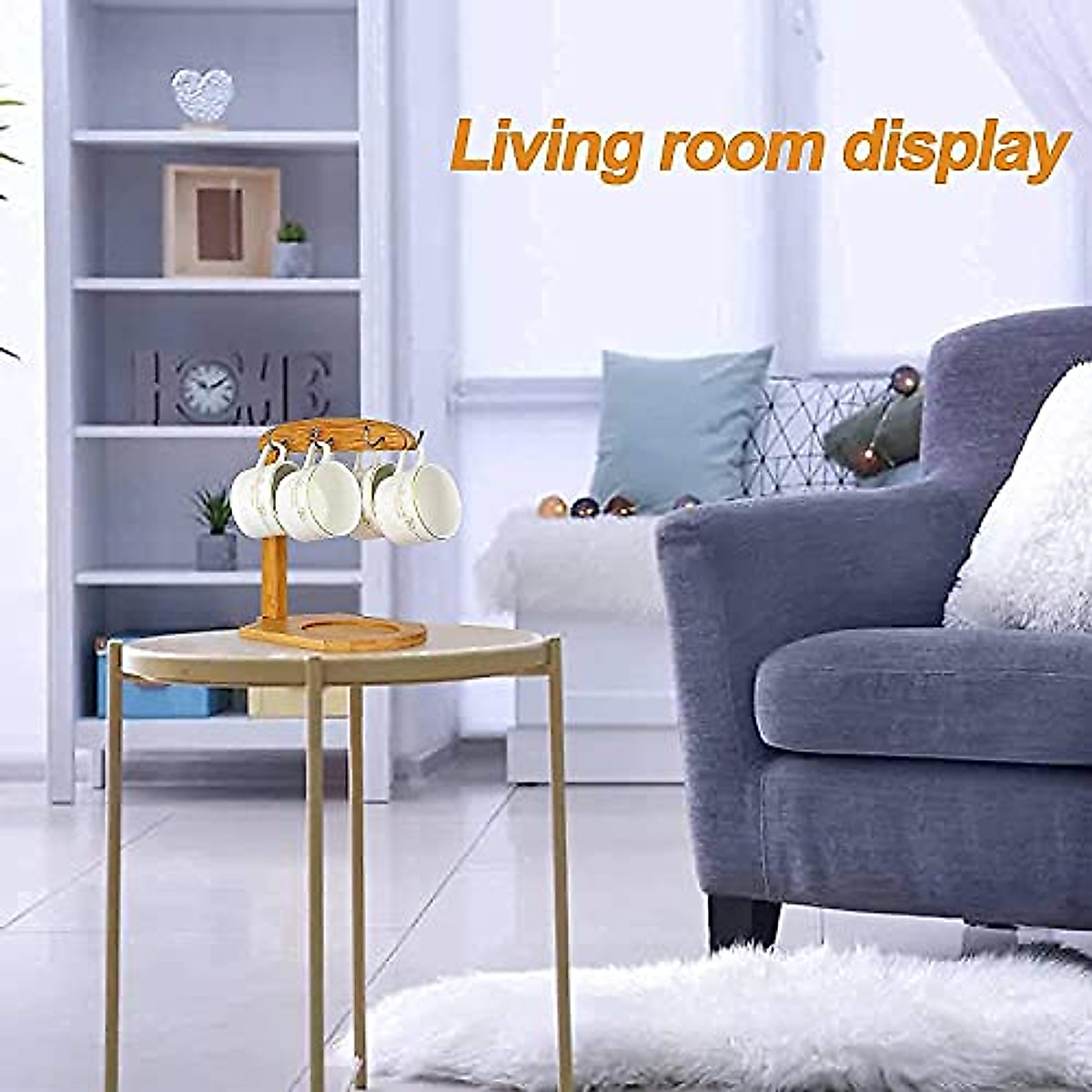 TAIHE Coffee Mug Holder, Coffee Mug Rack with Saucer Basket Storage, 6 Hooks can Hanging Your Love Mug & Cup & Tea Cup, Countertop Cup Hold 8x6 x9 (Natural Bamboo)