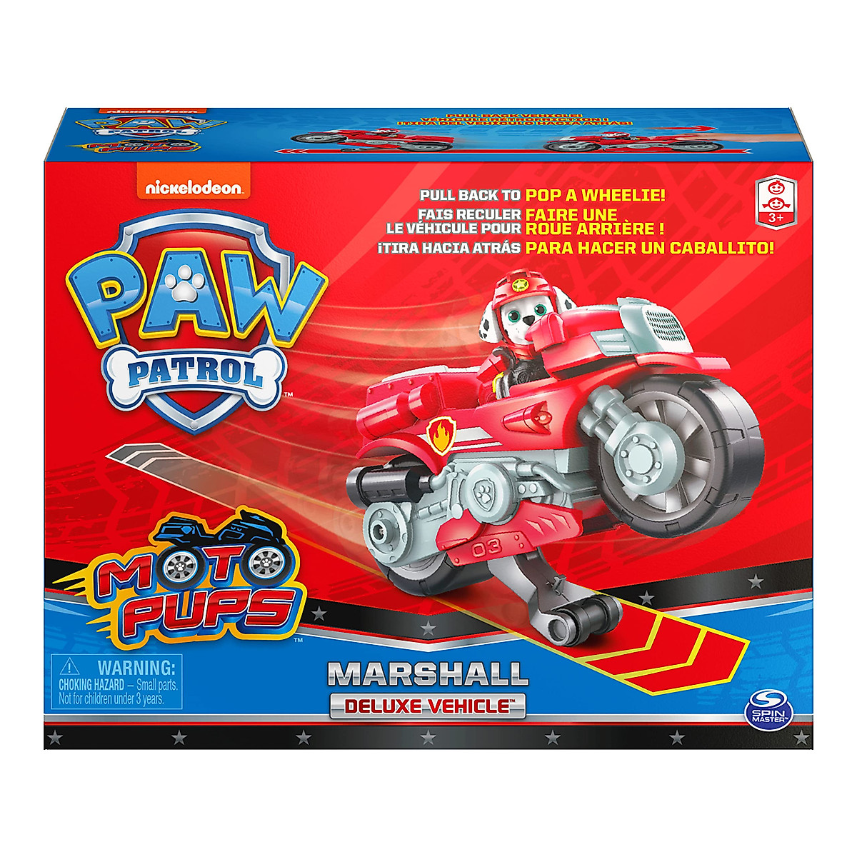 Paw Patrol, Moto Pups Marshall’s Deluxe Pull Back Motorcycle Vehicle with Wheelie Feature and Toy Figure