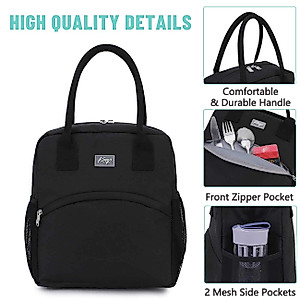 Kasqo Lunch Box Bag for Men Women, Insulated Thermal Reusable Lunch Cooler Tote Lunch Tote with Front Pocket Office Work Travelling in Black