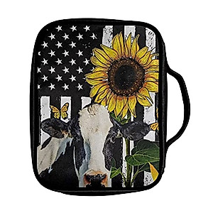 Belidome USA Bible Cover for Women Girl American Flag with Sunflower Cow Print Bible Case Tote Bag for Book Carrying Church Library Accessories Patriotic Fourth of July Independence Day Gifts