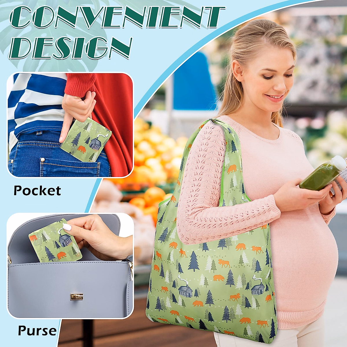 15 Pack Reusable Grocery Bags 50LBS Foldable Grocery Shopping Bags Nylon Tote Washable Bag with Handles Large Waterproof Tote (Plant Style)