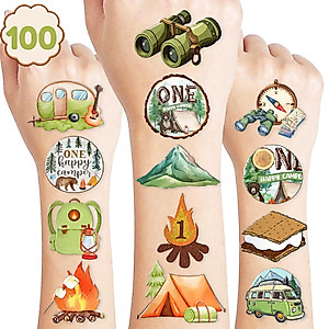Cute Camper Temporary Tattoos Camping First Birthday Party Decorations Favors Supplies 1st Themed Stickers 10 Sheets 100 PCS Gifts for Baby Kids Girls Boys Decor Class School Carnival Christmas