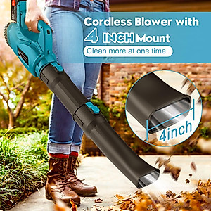 Cordless Leaf Blower Battery Powered 21V 4000mAh, 320 CFM 180 MPH Brushless Axial Electric Blower W/Battery and Charger, Turbo Fan 6 Variable Speed Leaf Blower for Lawn Care Patio Driveway Snow Dust