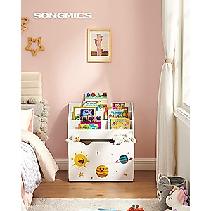 SONGMICS Kids Bookshelf, Toy Organizer & Kids’ Bookcase, Book Organizer, with Anti-Tip Kit, Storage Shelf for Children's Room, Playroom, School, Space-Saving Design, White, Blue and Gray UGKR72WT
