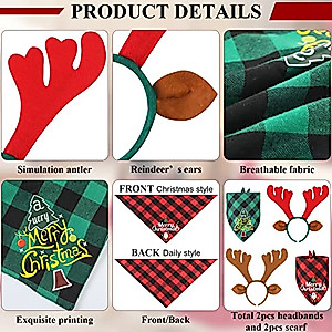 4 Pieces Christmas Dog Bandanas and Reindeer Antlers Headband Set, with 2 Christmas Dog Headband 2 Buffalo Plaid Pets Scarf Xmas Triangle Bibs Kerchief for Medium Large Dogs Pets Costume Accessories
