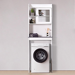 GOAWGO Modern Over The Toilet Space Saver Organization Wood Above Toilet Storage Cabinet with Glass Doors and Adjustable Shelves for Home,Bathroom Cabinet Over Toilet，White