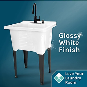 White Utility Sink by JS Jackson Supplies, Tehila Luxe Laundry Tub, Matte Black Hi-Arc Pull-Down Faucet, Soap Dispenser