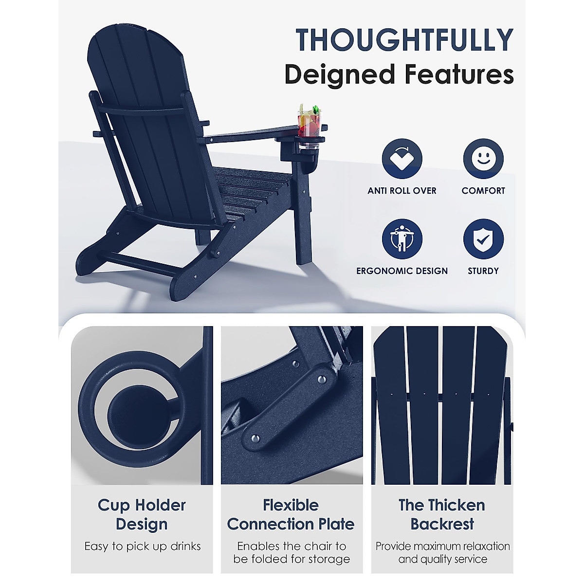 Adiromoti Folding Adirondack Chairs Set of 4, All-Weather Resistant HDPE Patio Firepit Chairs, Sturdy Outside Chairs with Cup Holder, Lawn Chairs, 80% Pre-Installed Load Capacity 385lb, Navy Blue