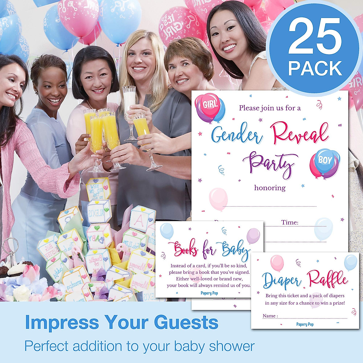 Set of 25 Gender Reveal Party Invitations with Envelopes, Diaper Raffle Tickets and Baby Shower Book Request Cards