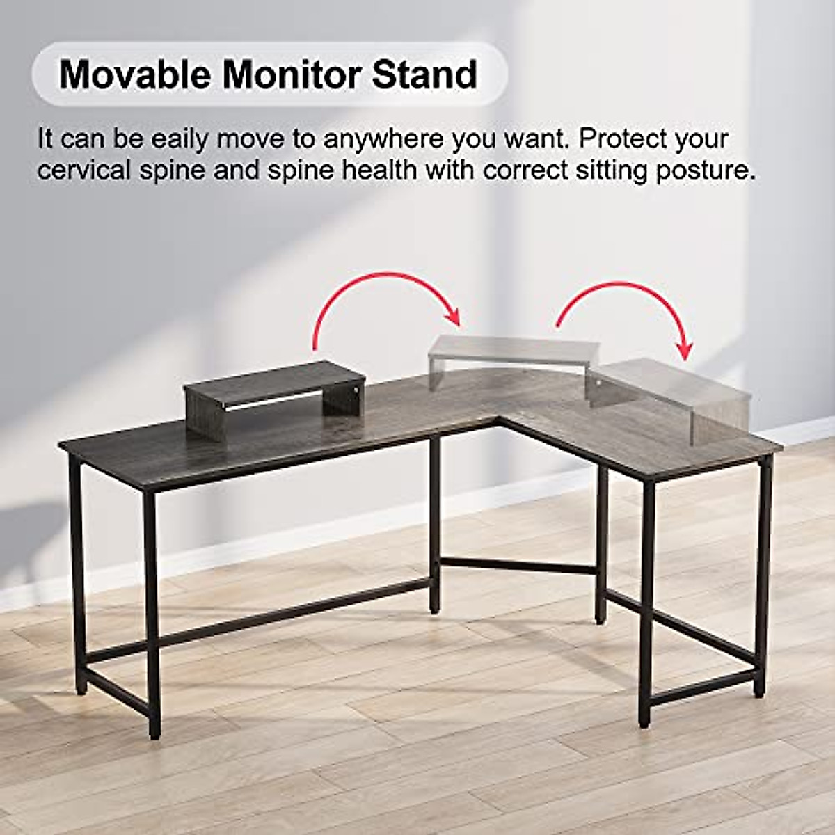 Weehom L Shaped Desk with Monitor Stand, Reversible Corner Computer Desk for Home Office, Modern Office Gaming Desk Study Writing Table(Dark Grey)