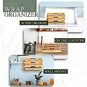 Golden Ears Essentials Foil and Plastic Wrap Organizer 3 in 1 Bamboo Wrap and Aluminum Foil Dispenser for Wraps and Aluminum Foil Organization and Storage, Magnetic Sliding Doors, Engraved Labels