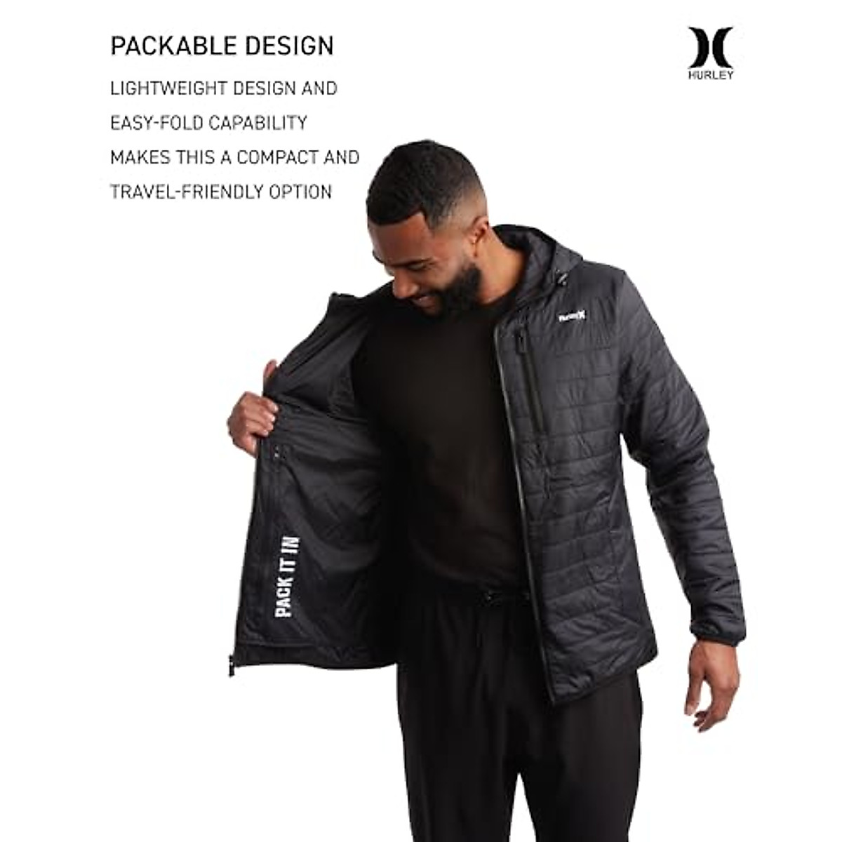 Hurley Men's Jacket - Balsam Lightweight Packable Puffer Coat - Weather Resistant Outerwear Windbreaker Coat for Men (M-XL), Size Medium, Black