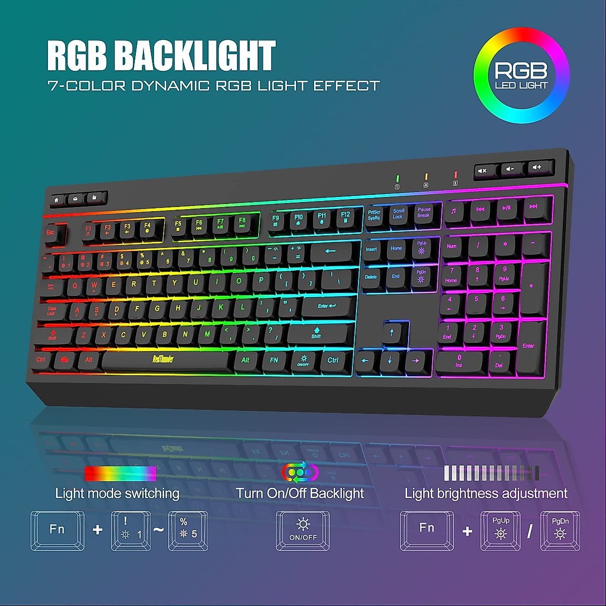 RedThunder K20 Wireless Keyboard and Mouse Combo, Full Size Anti-Ghosting Keyboard with Multimedia Keys + 7D 4800DPI Optical Mice, Rechargeable RGB Gaming/Office Set for PC Laptop Mac Xbox (Black)