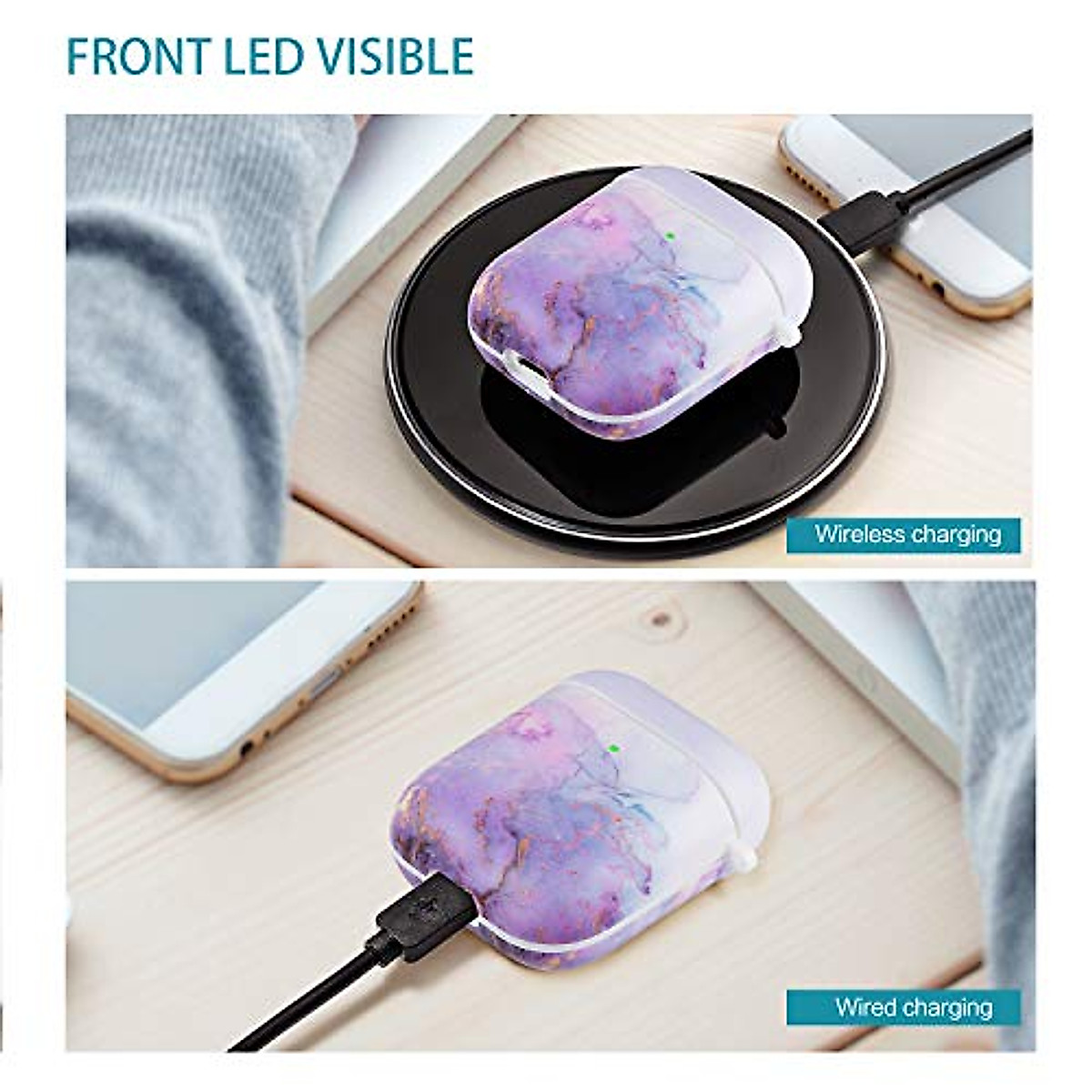 Airpods Case, Vimorco Portable Shockproof Hard Protective Case 5 in 1 Protective Cover Accessories for Airpods 1&2 Charging Case (Purple Marble)