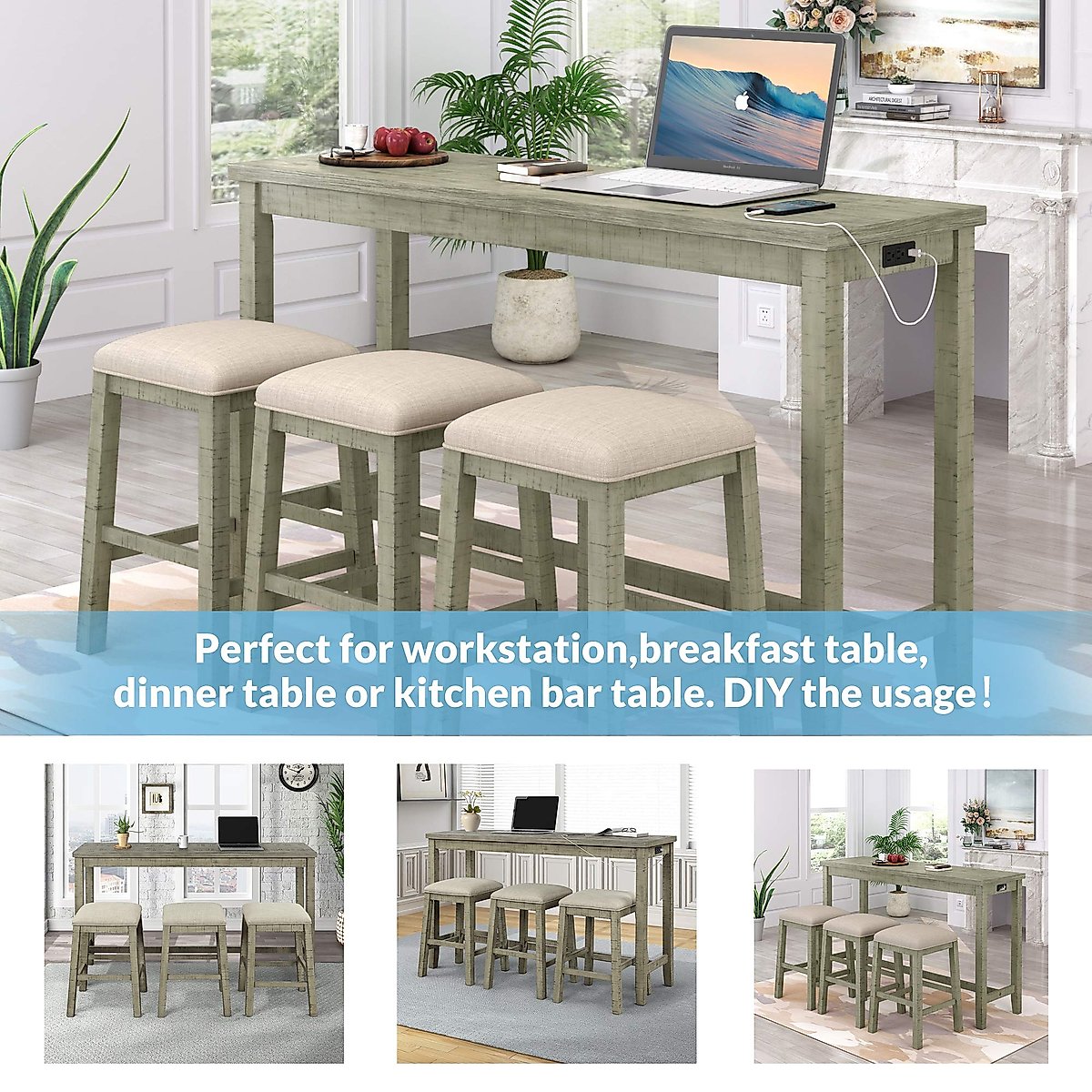 Merax 4-Piece Counter Height Bar Table Set with Socket and Fabric Padded Stools, Rustic Bar Dining Set, Gray Green